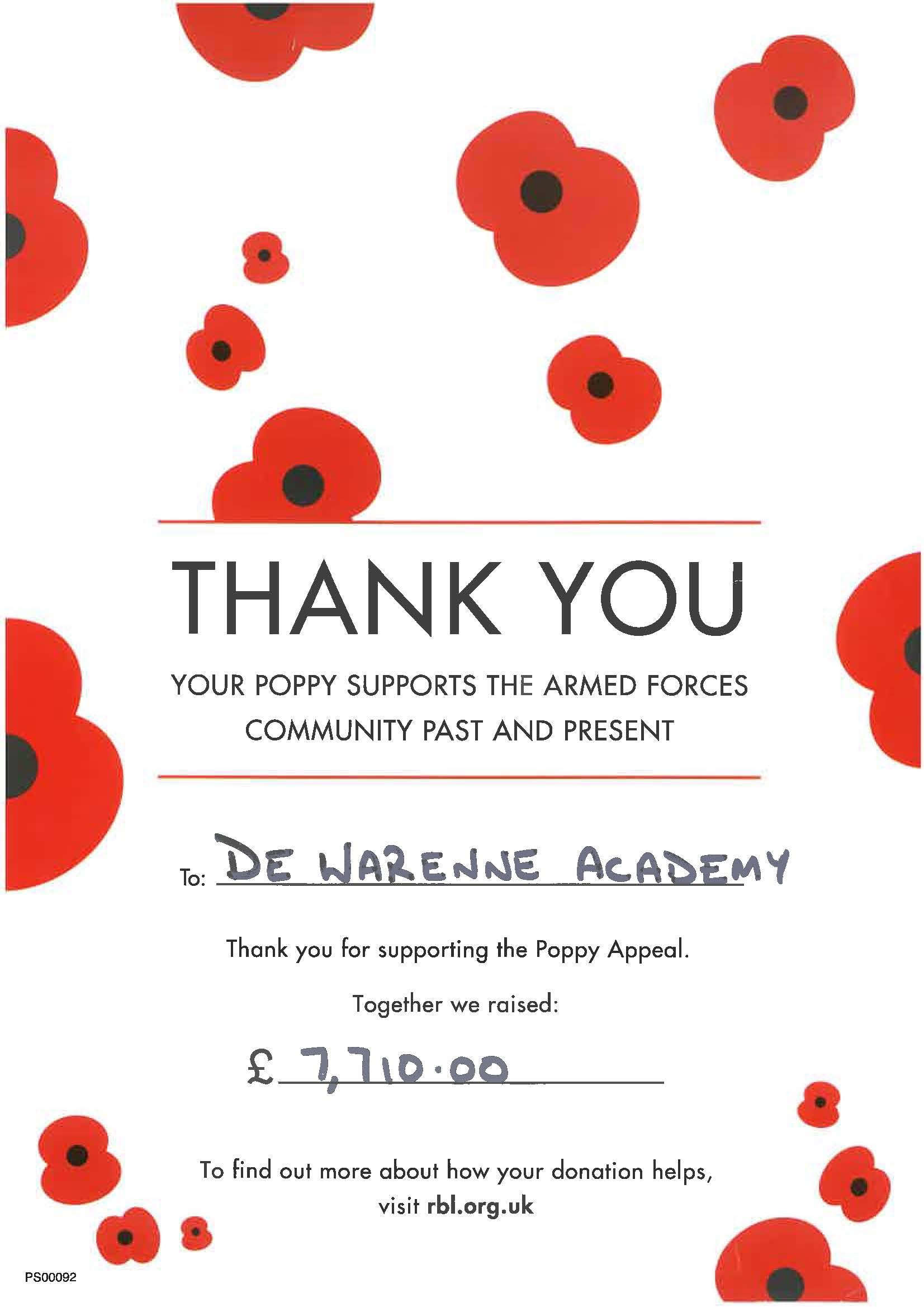 Poppy Appeal reaches £7710 - De Warenne Academy
